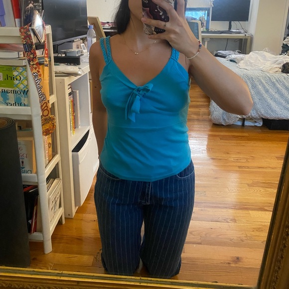 Tops | Turquoise Cotton 9s Camisole With Braided Straps And Bow | Poshmark